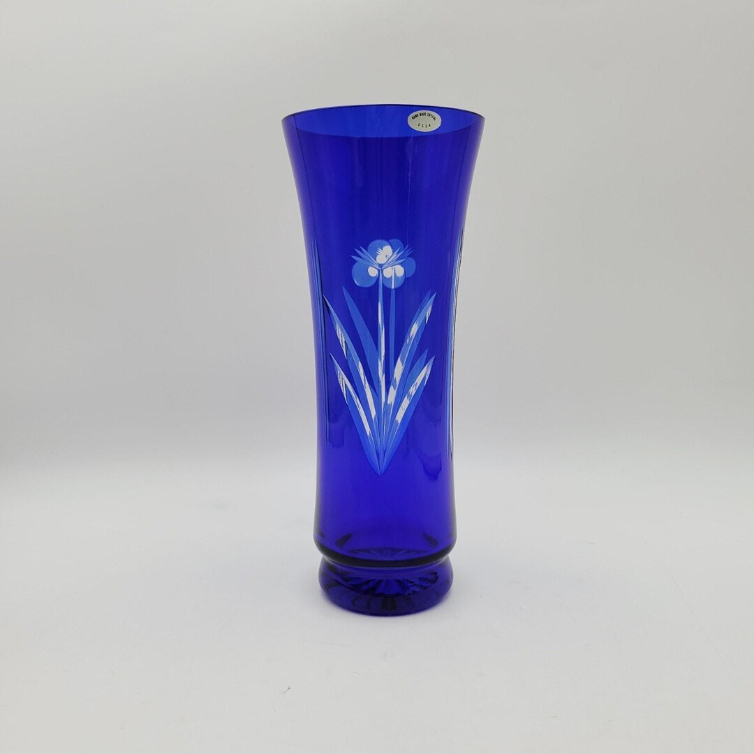 Vtg USSR Russian Badash Vase Cobalt Blue Cut to Clear Crystal Glass 10 ...