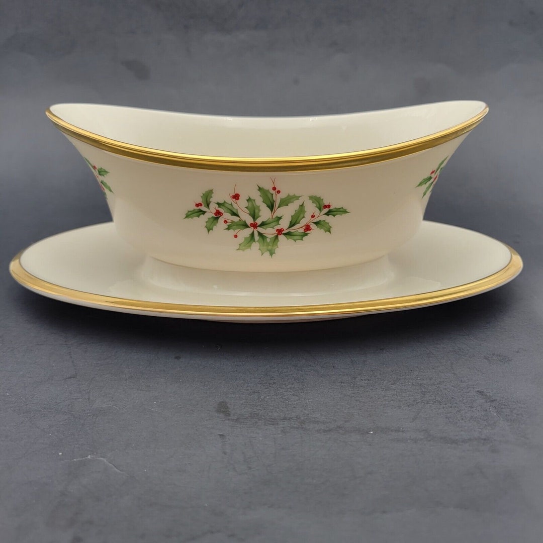 LENOX Holiday Gravy Boat Attached Underplate Holiday Holly Made in USA 24K Gold Vtg - Etsy