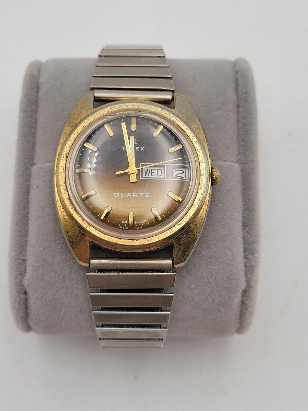 TIMEX Q Quartz Watch Men's Day Date 96960-06678 Goldtone Brown Dial ...