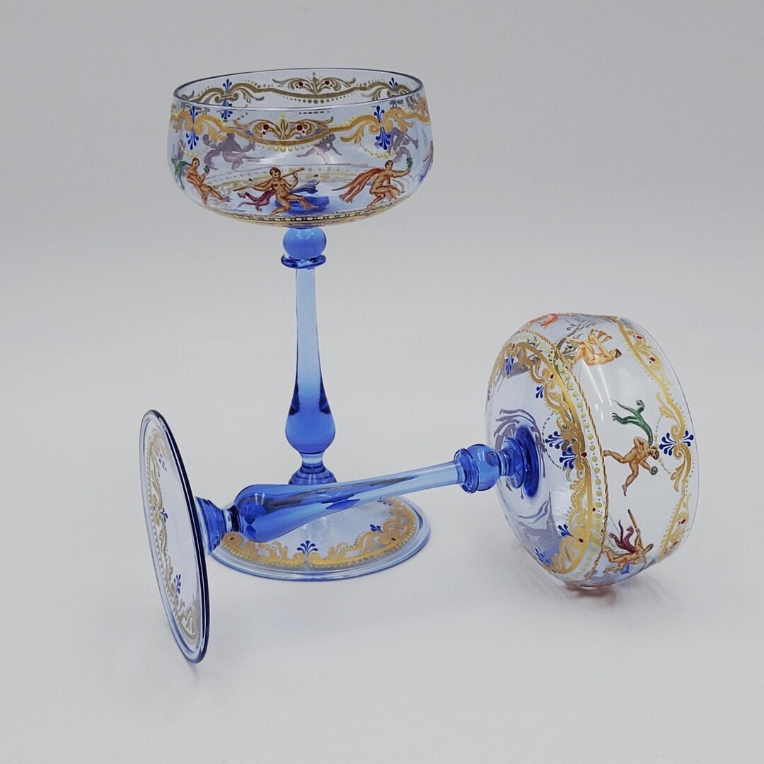 Set 2 Lobmeyr Hand Painted Enamel Gilt Blue Coupe Glass Putti Cherubs ...