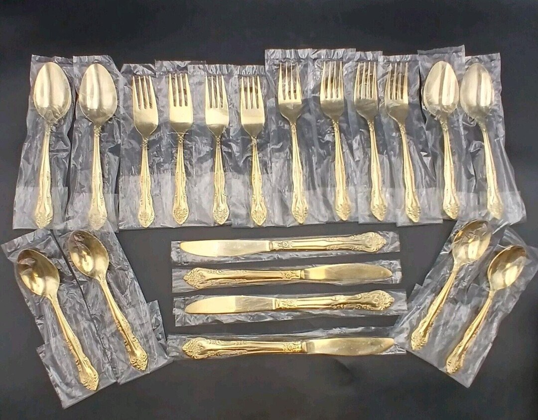 Vtg ROGERS Golden Dream Rose 20 Pcs GOLD Electroplate Flatware Set 4 Places NEW - Etsy