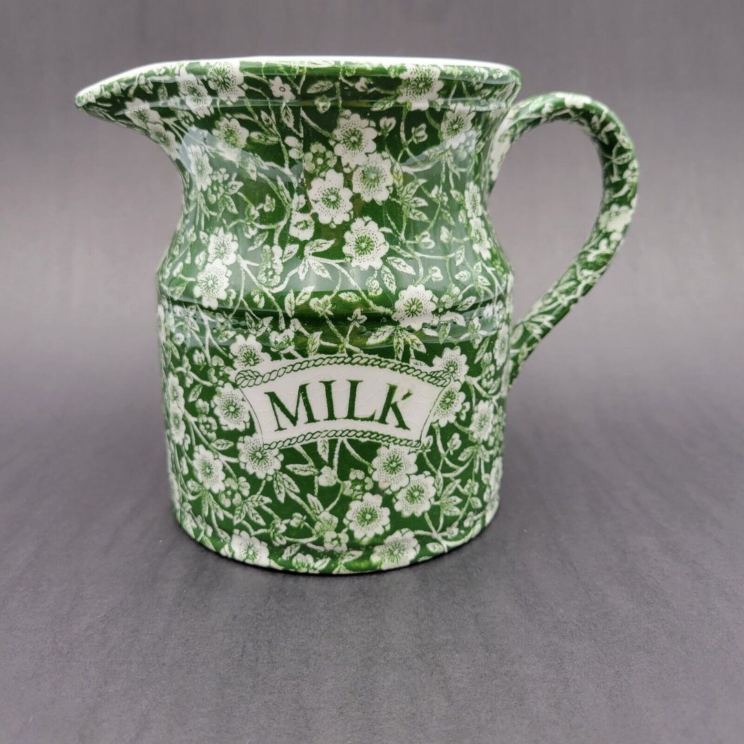 Vtg Calico Staffordshire Milk Pitcher Canister Green White Flower ...