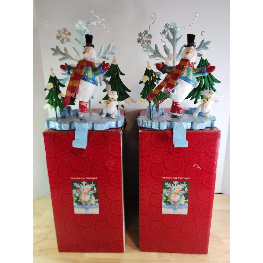 SET OF 2 VTG Christmas Stocking Hangers Skating Snowman With Rabbit ...