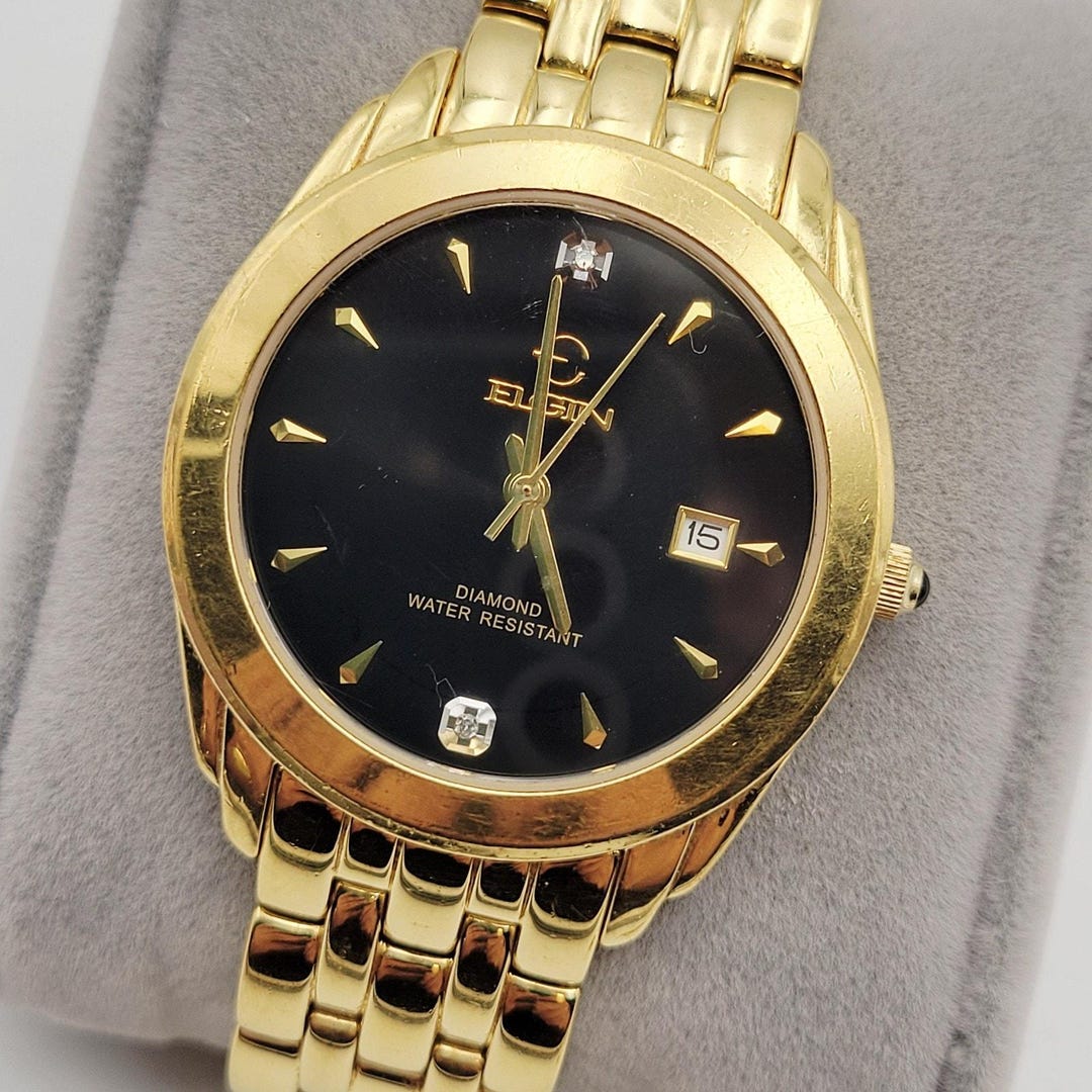 Elgin Diamond Watch FG053 017 Gold Tone Date Black Dial New Battery Vtg ...