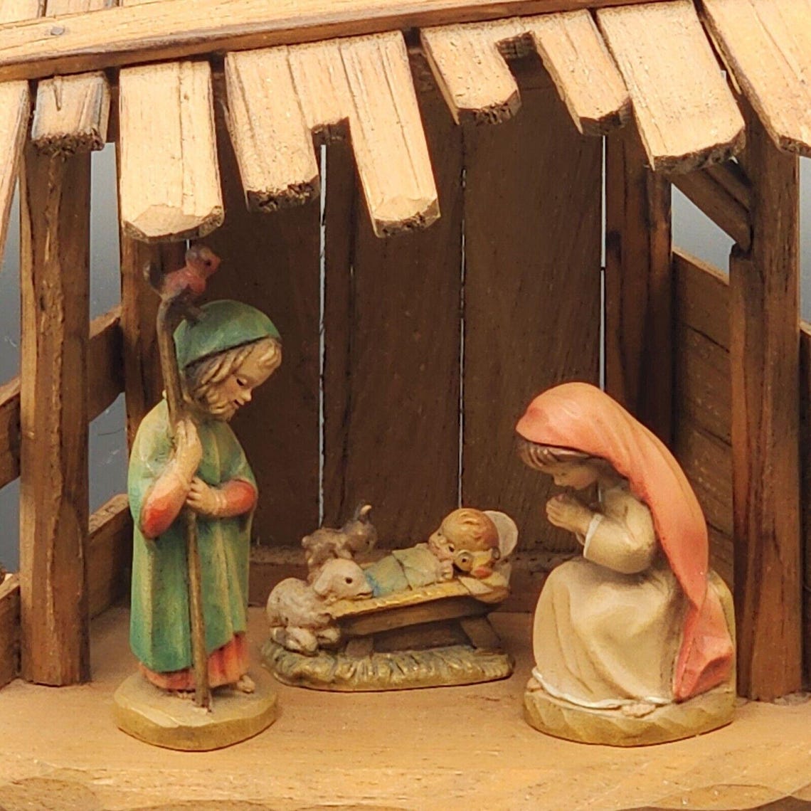 ANRI Italy Nativity Set 3 Hand Carved Wood 4 Piece Including Stable ...