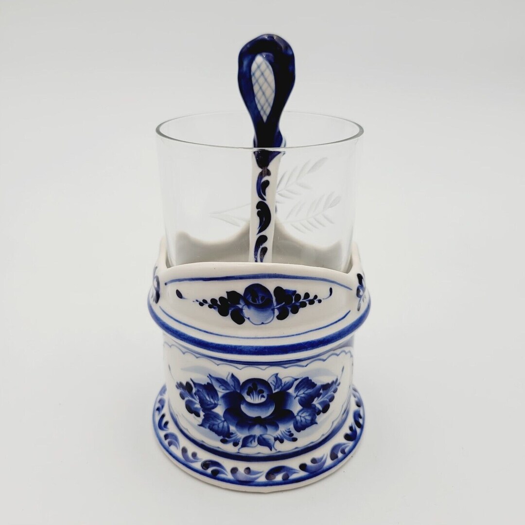 Porcelain Gzhel Cup Glass Holder Crystal Lead Glass Tea Spoon Set ...