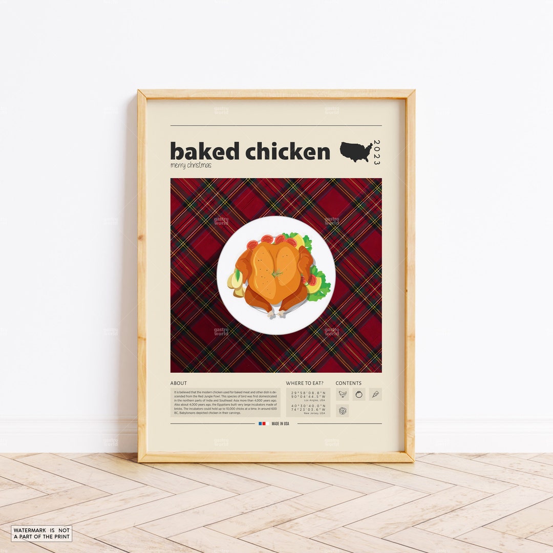 Baked Chicken Poster, Food Print, American Food, Retro Poster ...