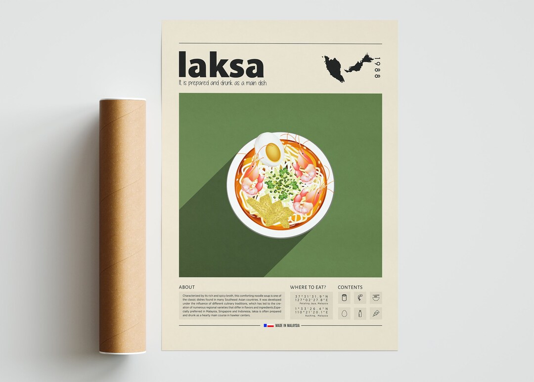 Laksa Poster, Food Print, Malaysian Food Retro Poster, Housewarming ...