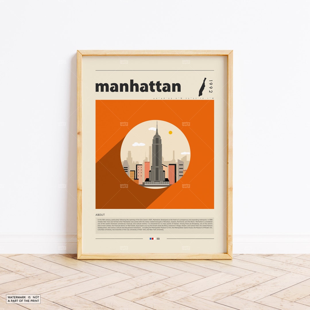 Manhattan Poster, City Poster, Usa Poster, Retro Poster, Housewarming ...