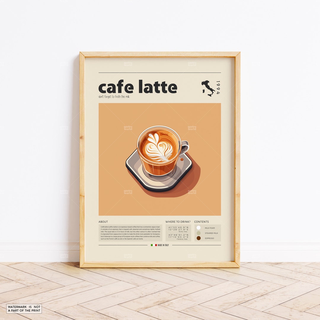 Cafe Latte Poster, Coffee Print, Italıan Coffee, Retro Poster ...
