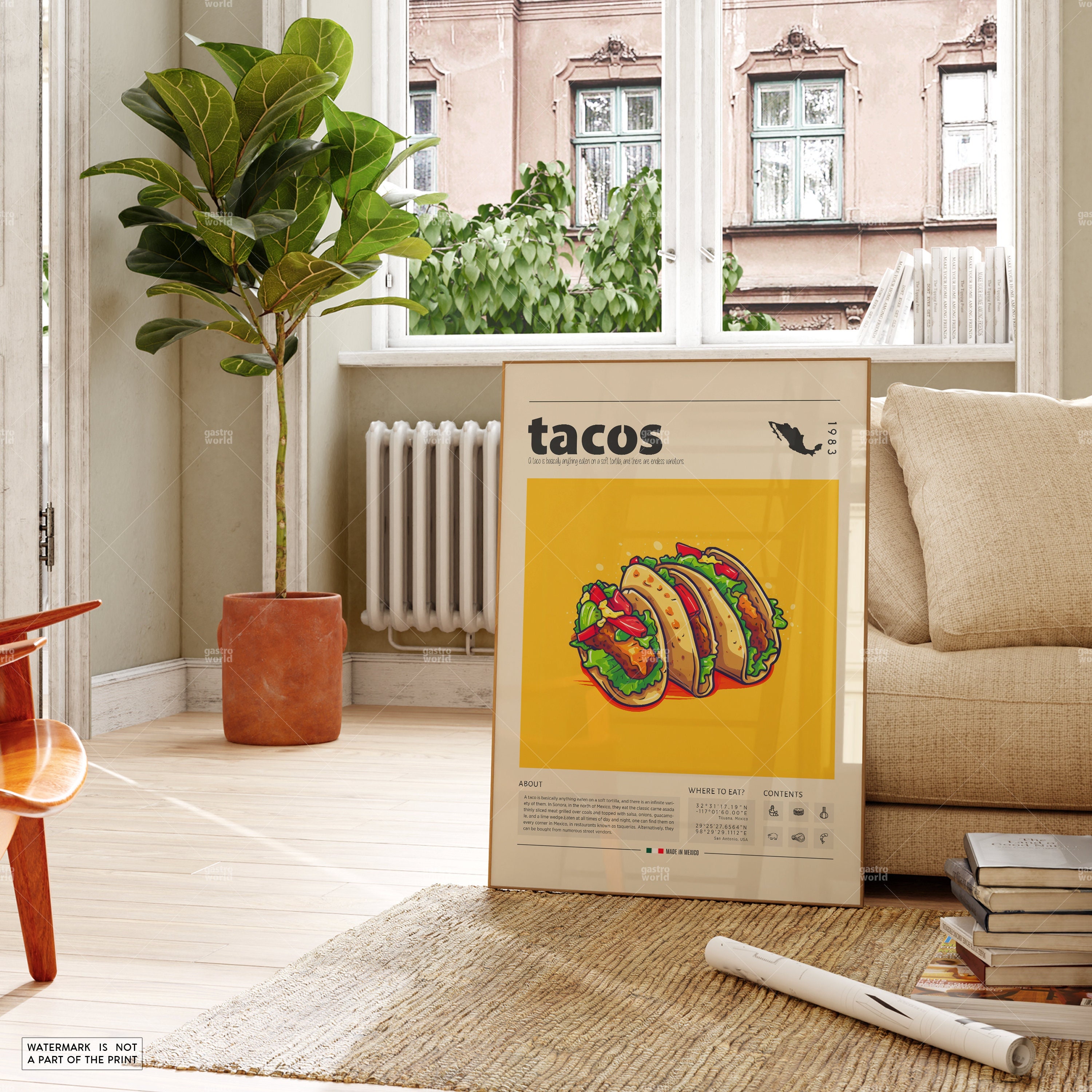 Tacos Poster, Food Print, Mexico Food, Retro Poster, Housewarming Gift ...