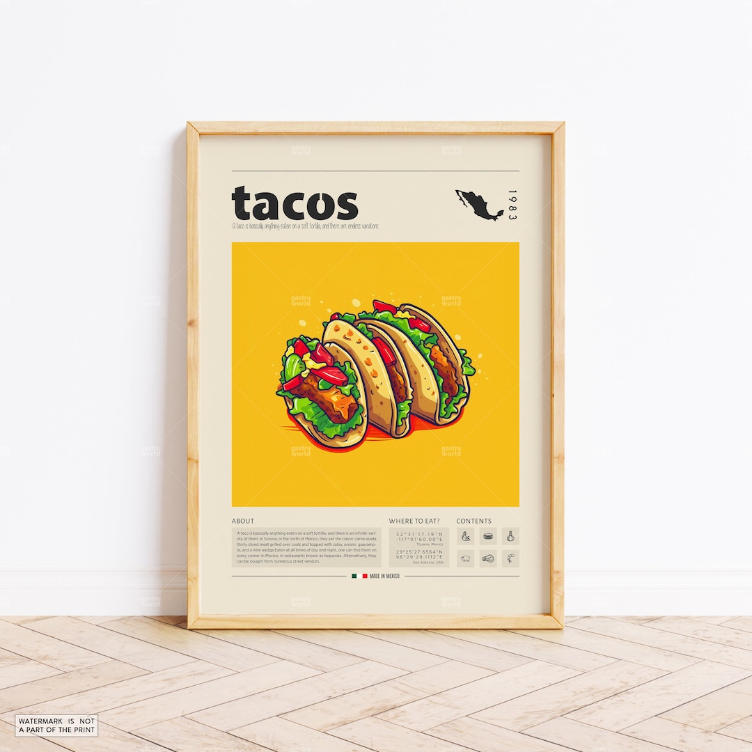 Tacos Poster, Food Print, Mexico Food, Retro Poster, Housewarming Gift ...