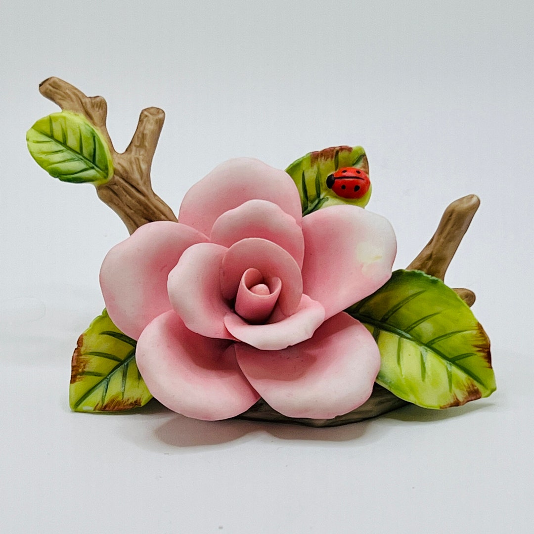 Lefton China Porcelain Pink Rose on Branch and Ladybug Signed 1985 - Etsy