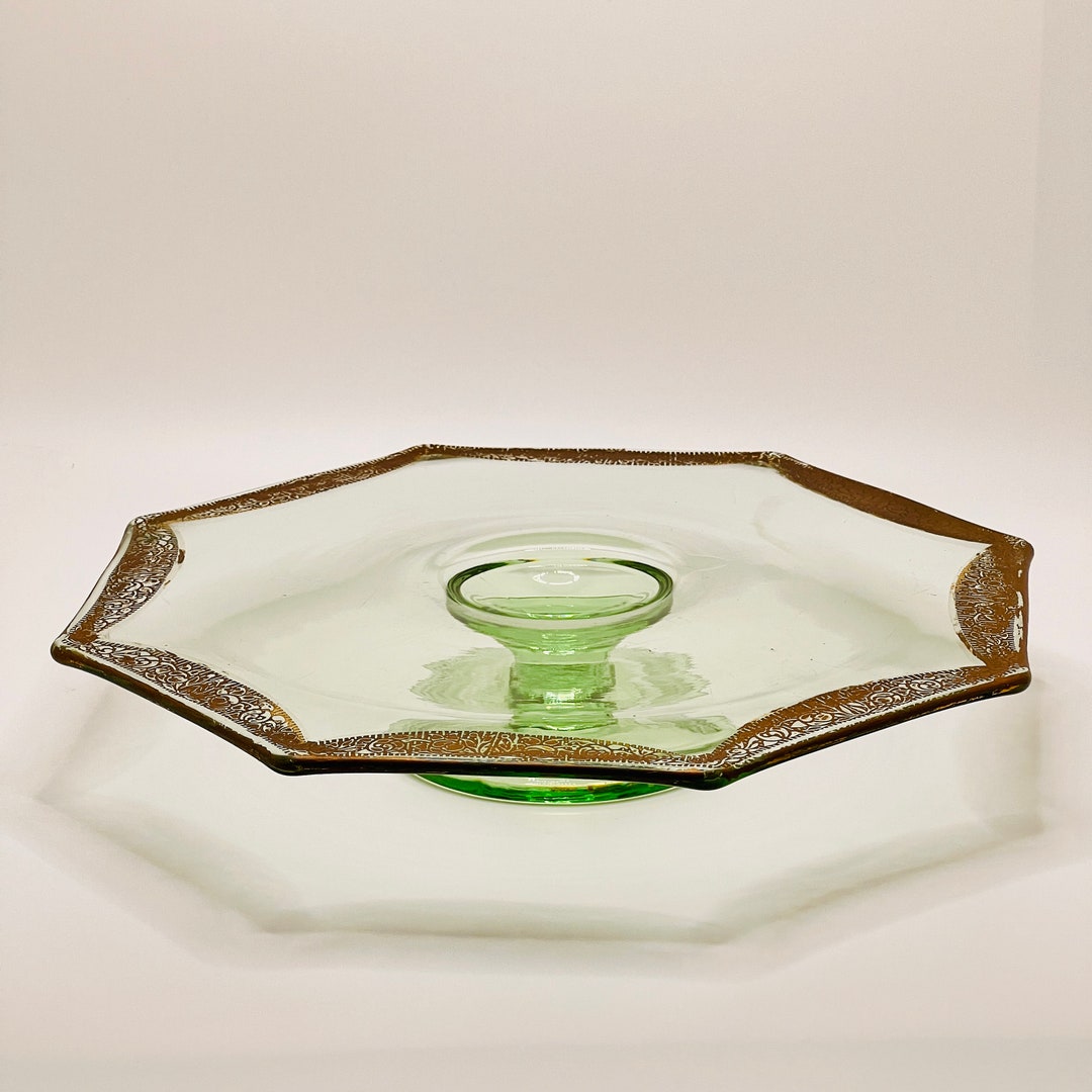 UV Glow Green Footed Cake Plate Rambler Rose Cheese Cracker - Etsy