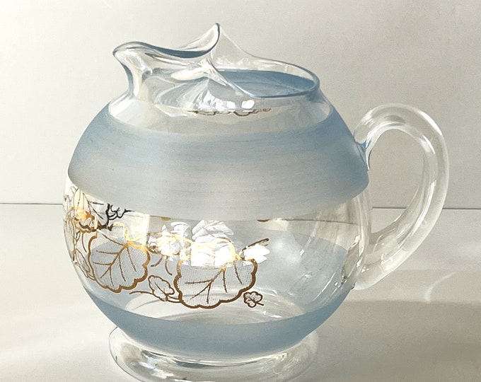 Vintage Glass Ball Pitcher Corning Blue Satin Bands Gold Leaves MCM Jug ...