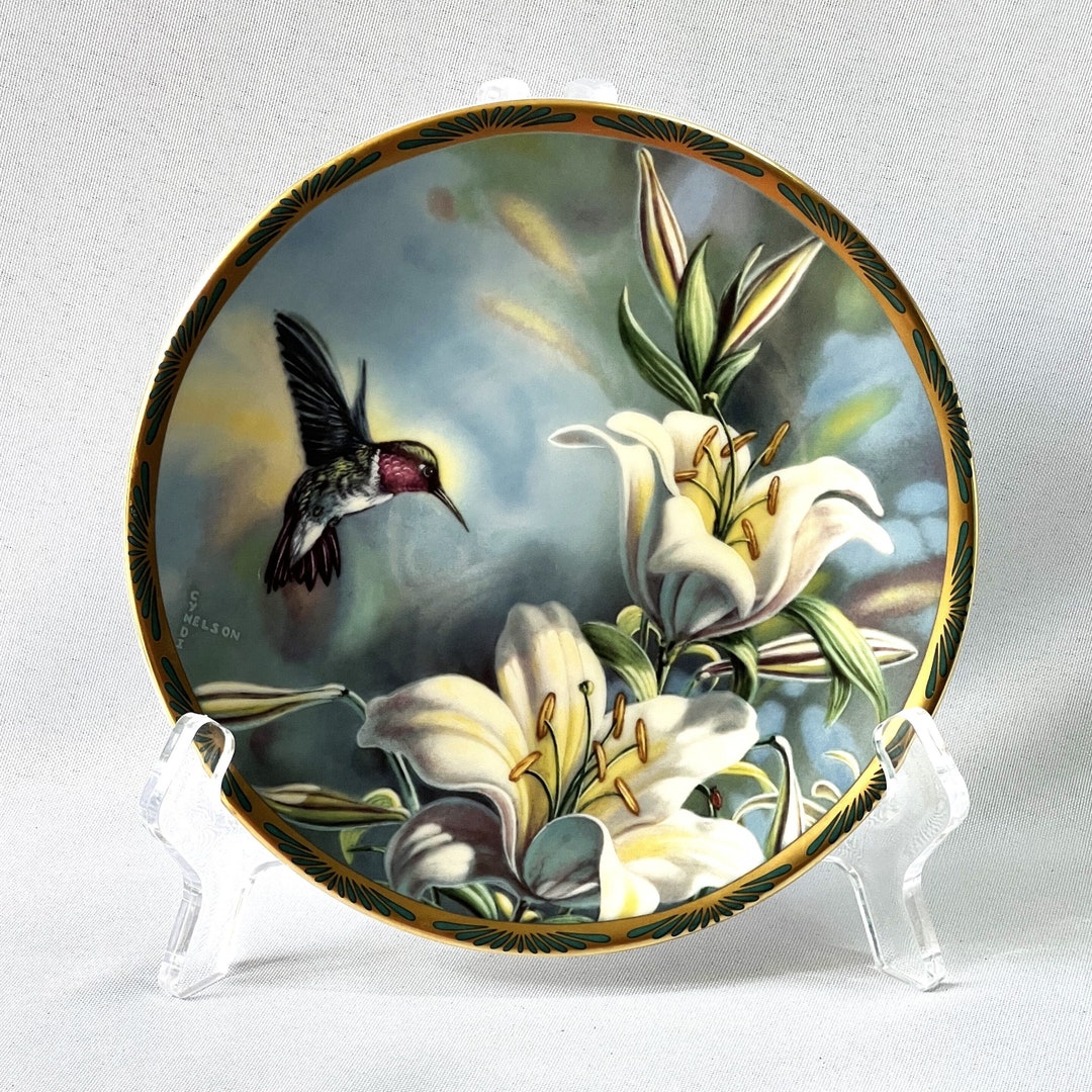 Ruby Throated Hummingbird & Lilies Plate Signed Cyndi Nelson Vintage ...