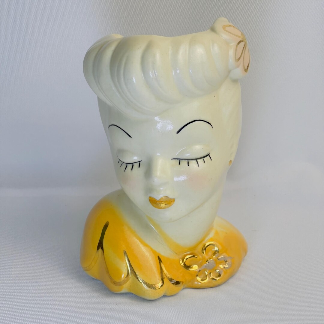 Vintage Lady Head Vase 1940s Glamour Girl USA Yellow & Gold Mid Century ...