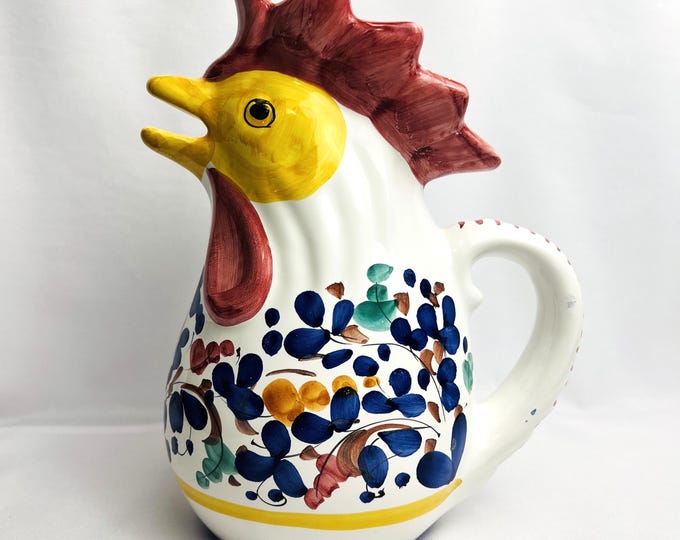 Italian Deruta Rooster Pitcher Vintage Colorful Ceramic Jug Italy 10 1/ ...
