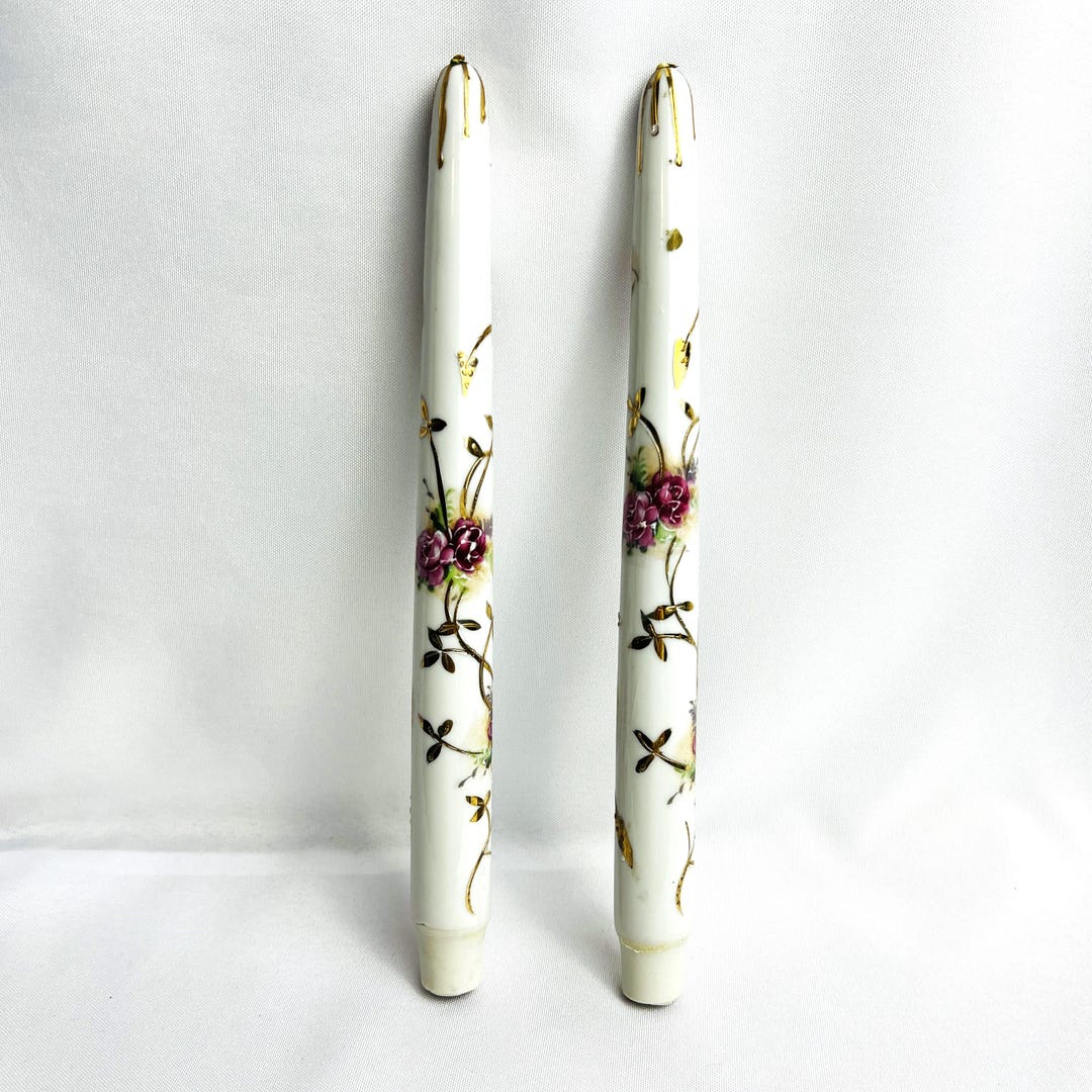 Porcelain Roses Floral Taper Candles Hand Painted Gold Vintage ...