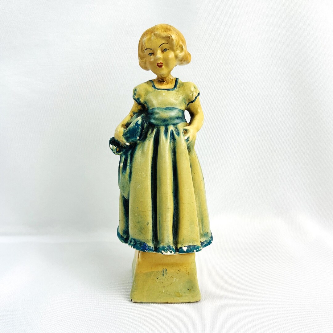 Carnival Chalkware Antique Girl Figurine Green Blue Dress Art Deco ...