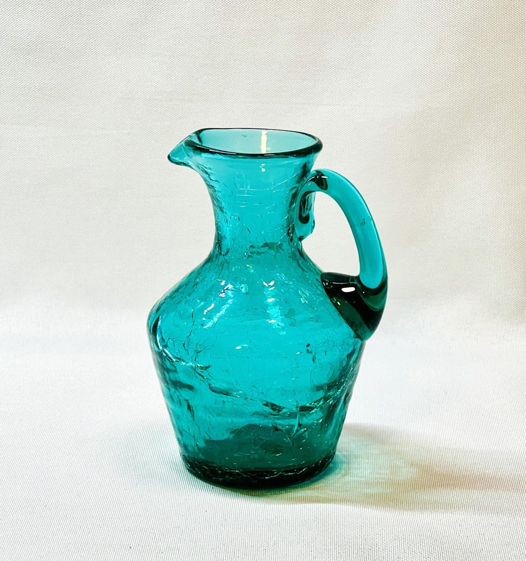 Teal Blue Mini Crackle Glass Vintage Pitcher Hand Blown Applied Handle ...