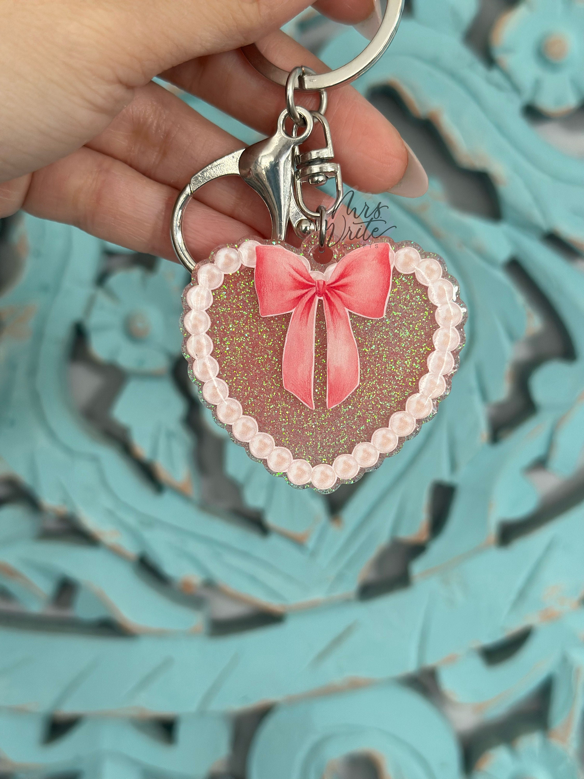 Coquette Bow Acrylic Keychain--pearl Heart Keychain--girly--pink Bow ...