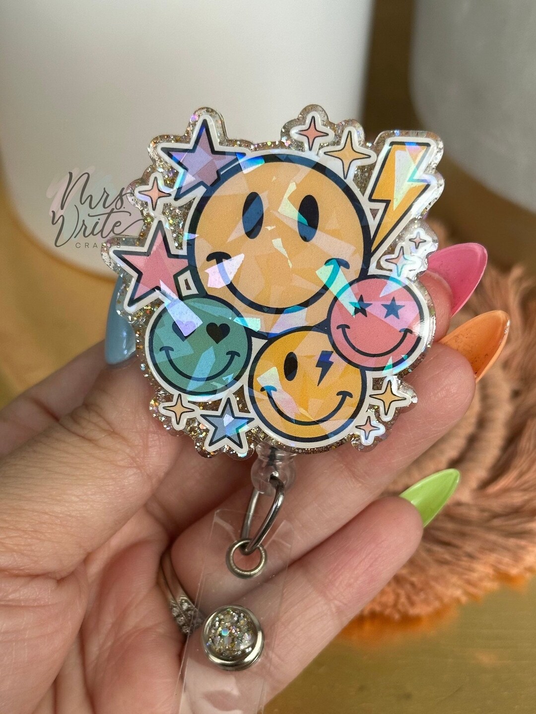 Retro Face Badge Reel—holographic Smile Badge Reel— Retro Badge Holder ...