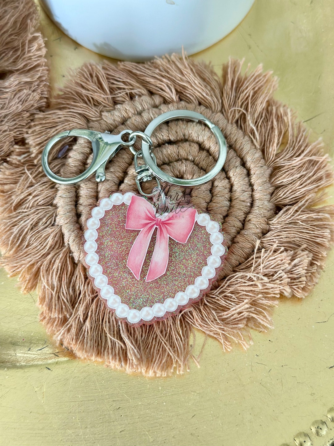 Coquette Bow Acrylic Keychain--pearl Heart Keychain--girly--pink Bow ...