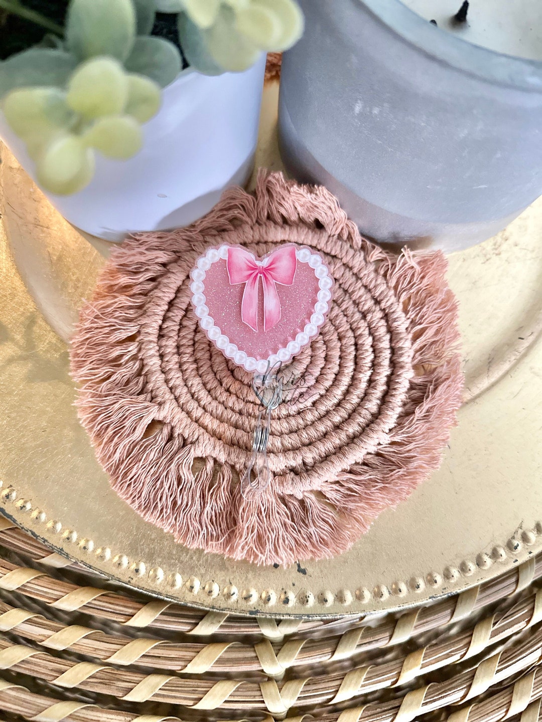 Coquette Bow Heart—pearl Heart Badge Reel—dainty Badge Reel—girly Badge ...