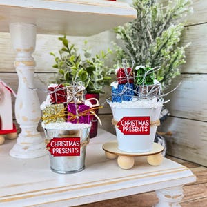 Mini Christmas Tiered Tray Buckets, Metal Xmas Holiday Pail, Reindeer ...