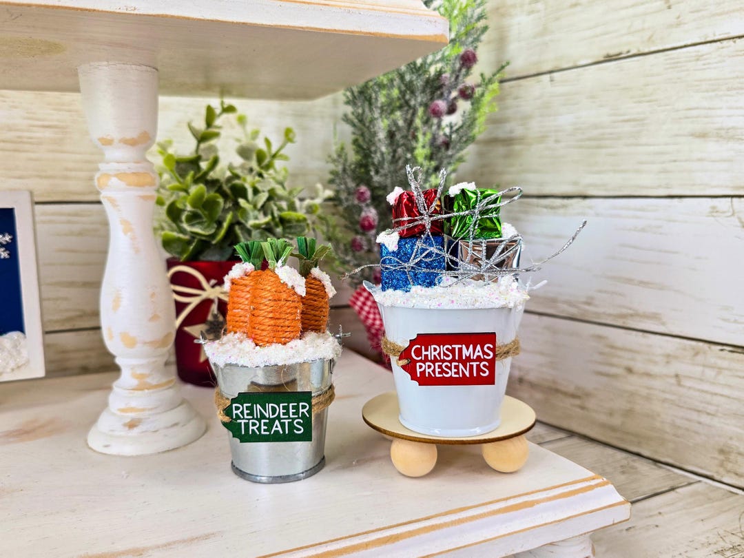 Mini Christmas Tiered Tray Buckets, Metal Xmas Holiday Pail, Reindeer ...