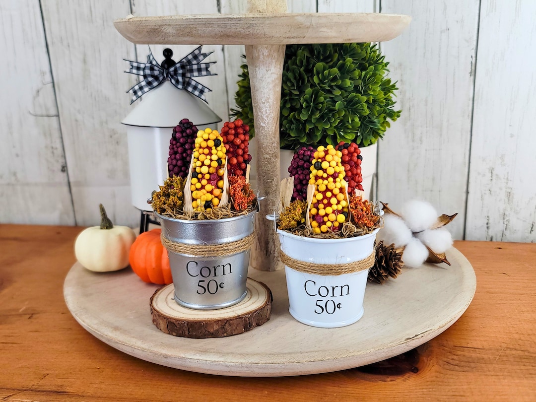 Mini Corn Harvest Bucket, Fall Tiered Tray Decor, Colorful Corn Basket ...
