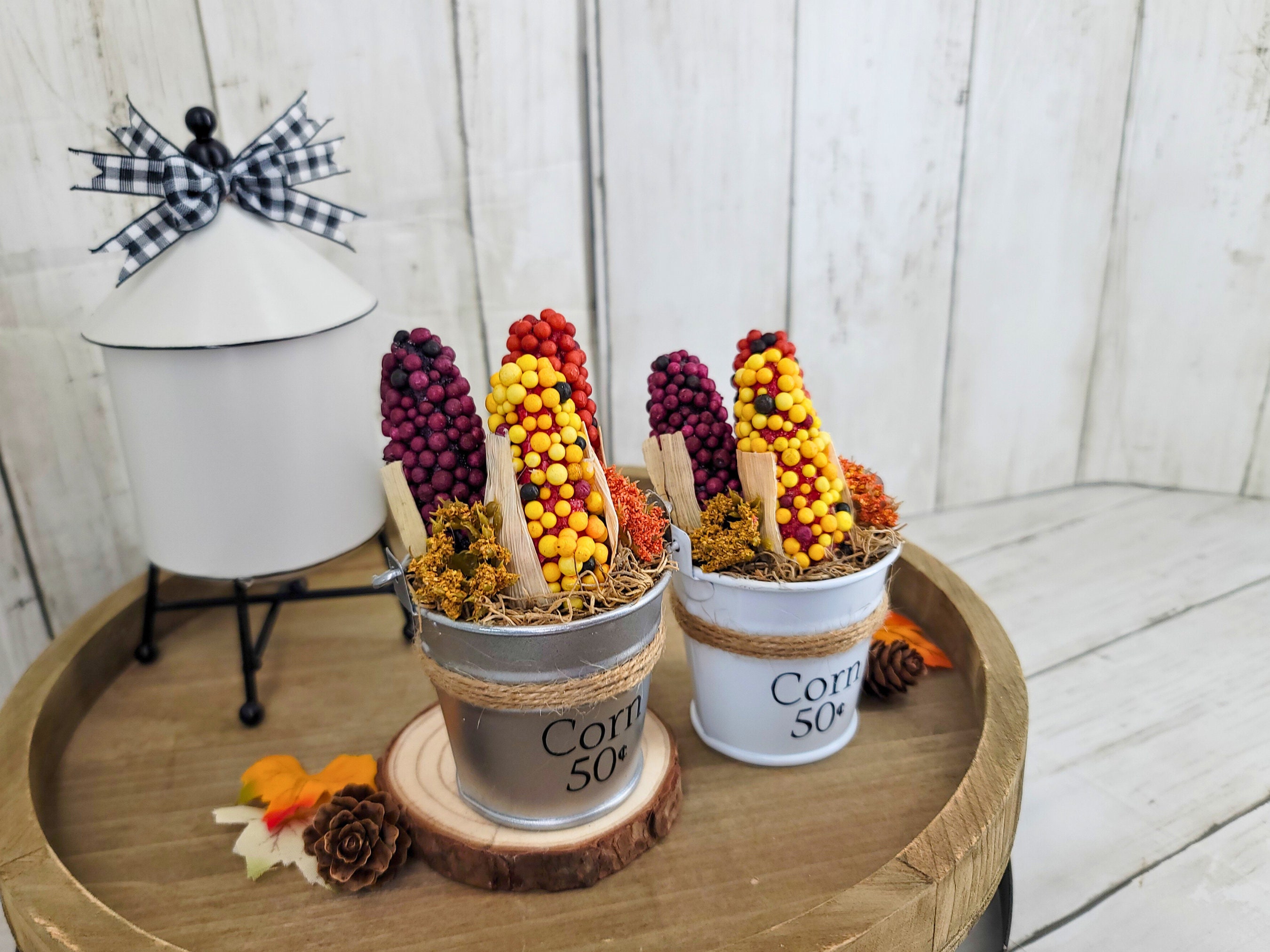 Mini Corn Harvest Bucket, Fall Tiered Tray Decor, Colorful Corn Basket ...