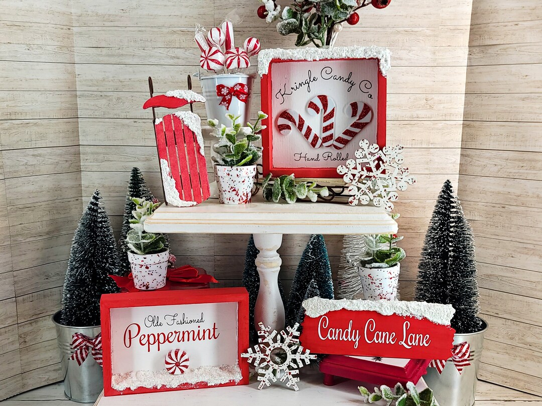 Candy Cane Bundle, Peppermint Tiered Tray Set, Winter Decor Bundle, Red ...
