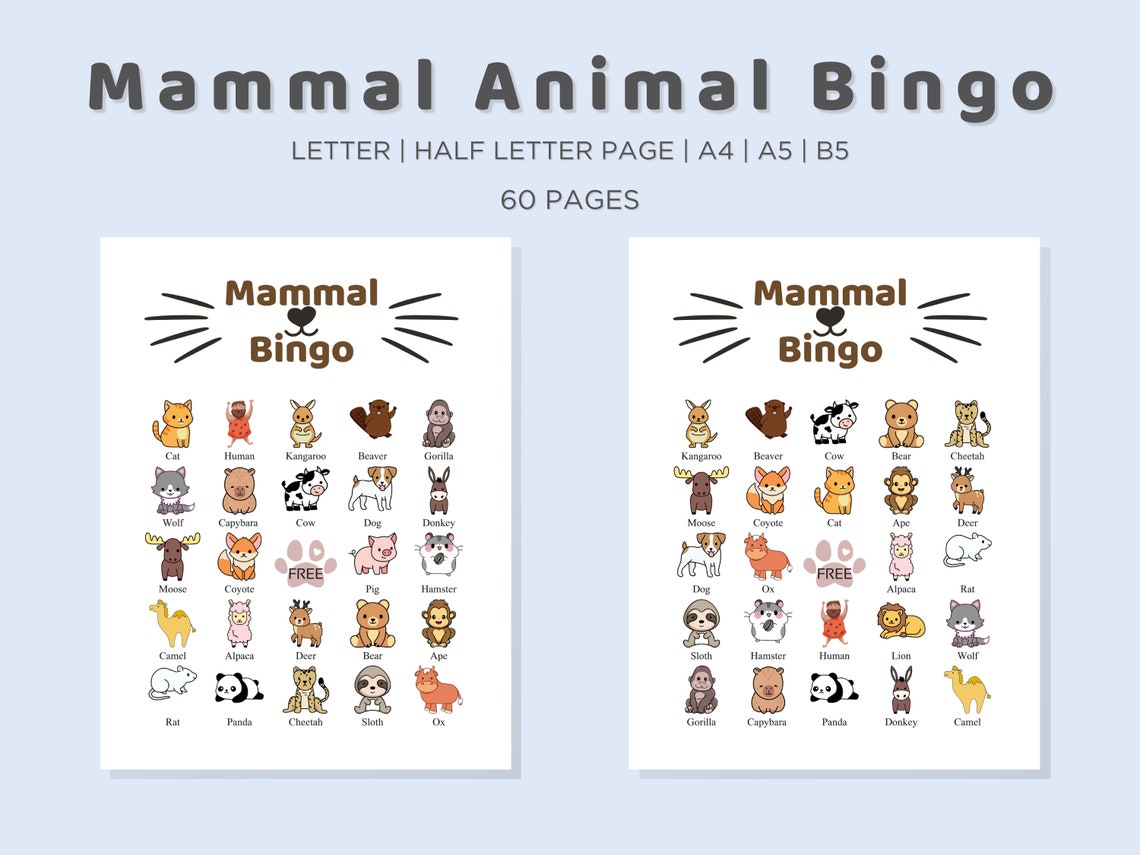 Cute Animal Bingo| 60 Pages Printable |a4|a5|letter|half Letter|b5 ...