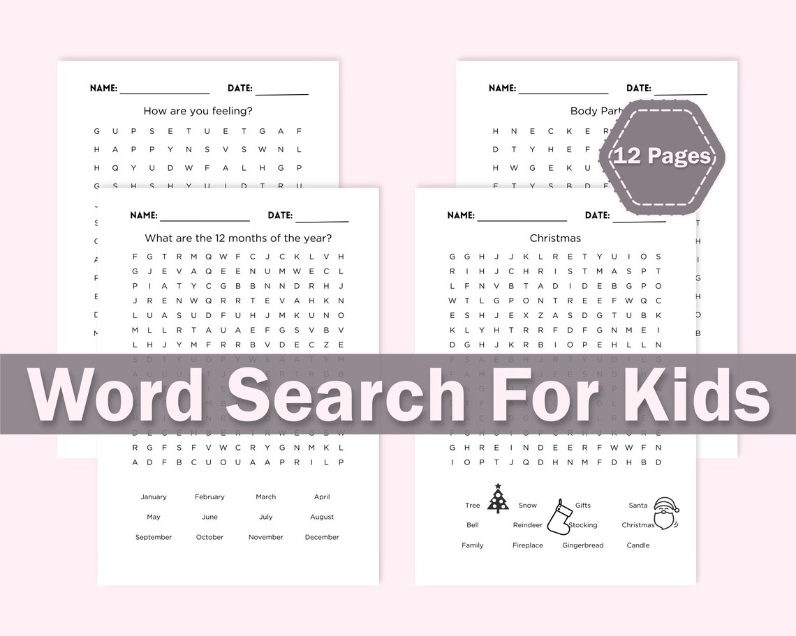 Printable Word Search for Pre School Kids 12 Pages Weekends Fun ...