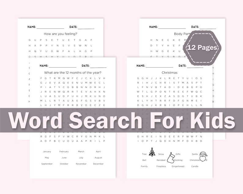 Printable Word Search for Pre School Kids 12 Pages Weekends Fun ...