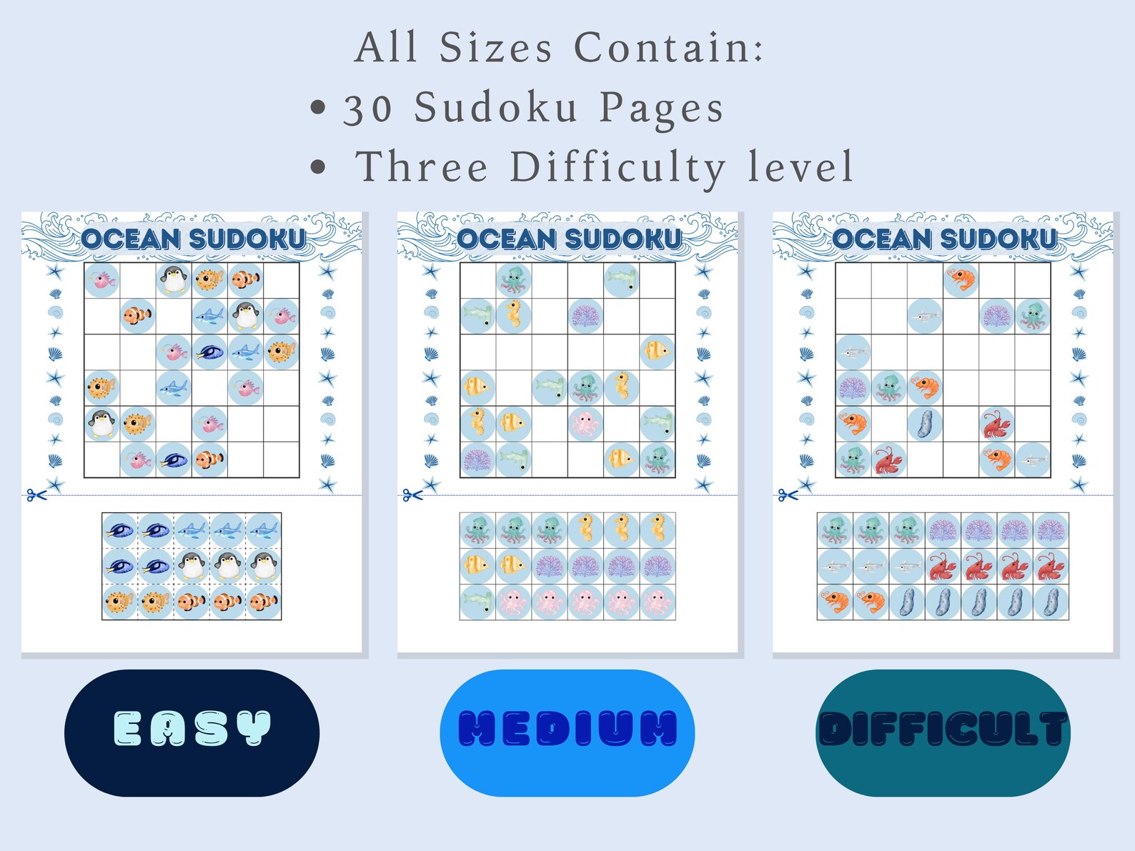 Ocean Animal 6x6 Sudoku Printable Kids Summer Logic Activity Picture ...