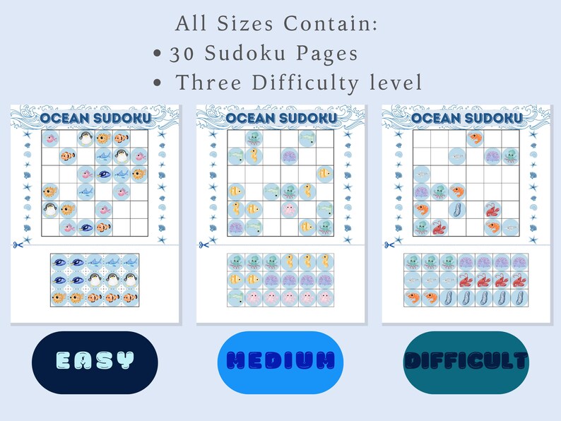 Ocean Animal 6x6 Sudoku Printable Kids Summer Logic Activity Picture ...