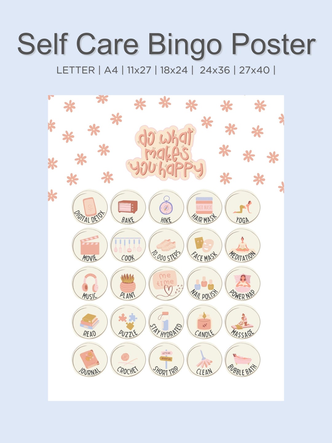 Self Care Bingo Poster | Printable | LETTER | A4 | 11x27 | 18x24 ...