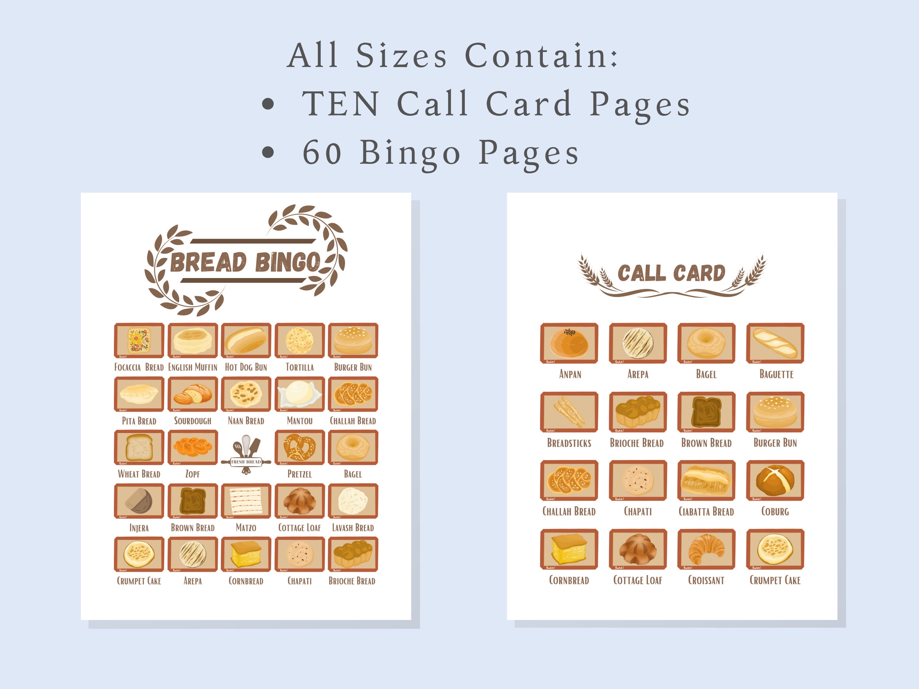 Bread Bingo 60 Pages Printablea4a5letterhalf Letter Bread Baker Game - Etsy
