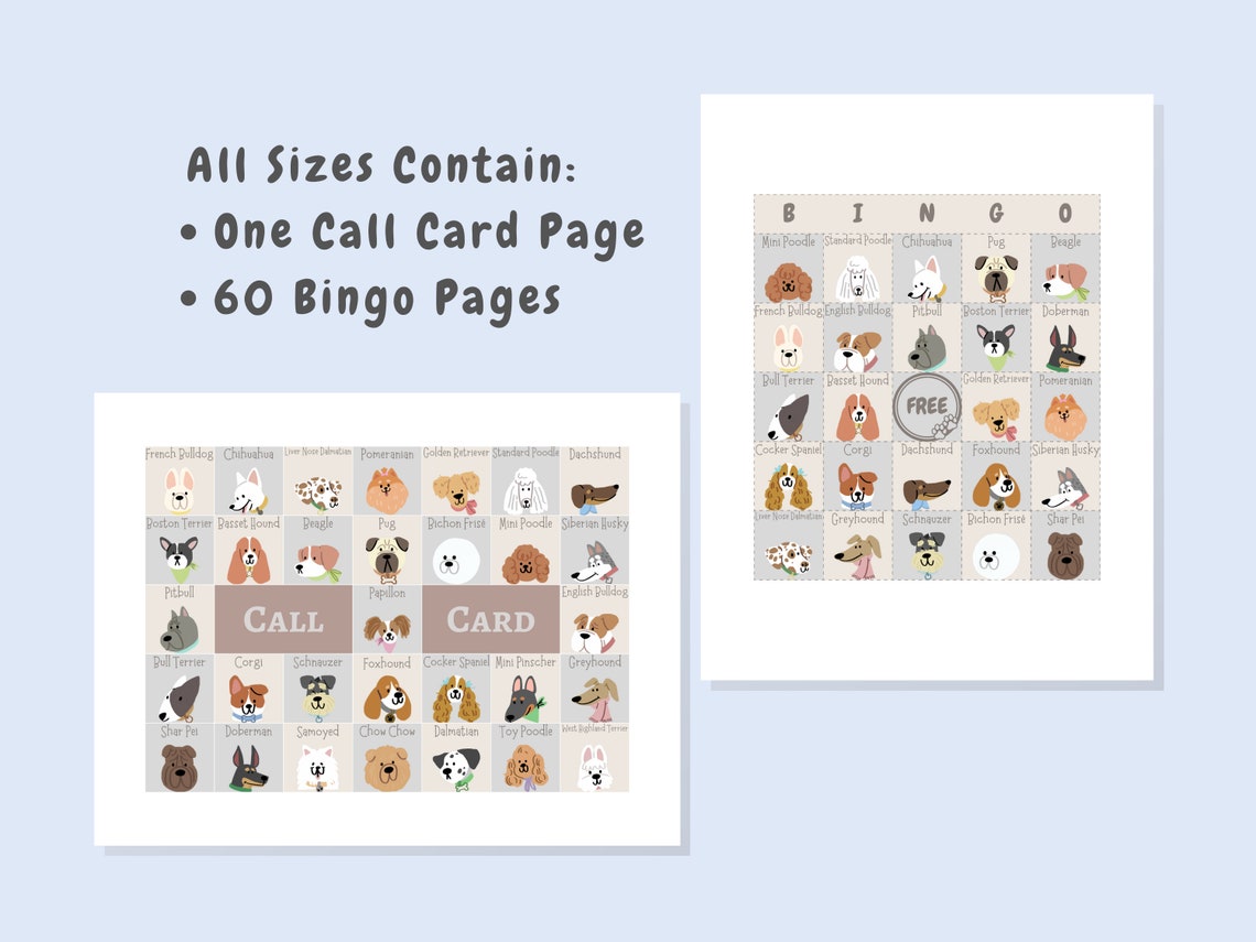 Dog-themed Bingo Cards 60 Pages Printable |a4|a5|letter|half Letter|b5 ...