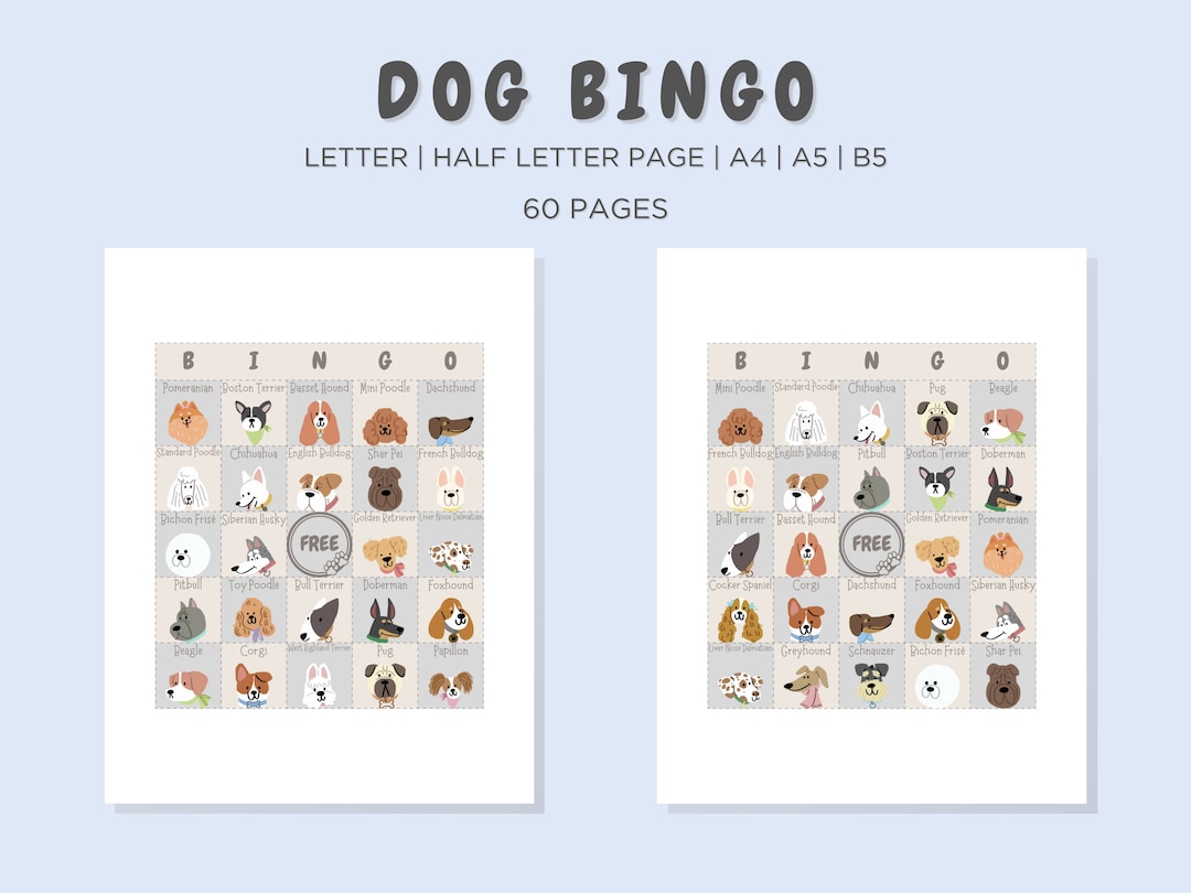 Dog-themed Bingo Cards 60 Pages Printable |a4|a5|letter|half Letter|b5 ...