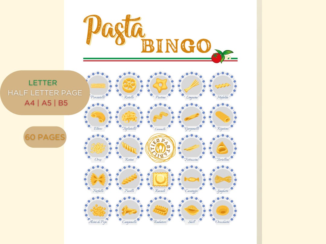 Pasta Bingo 60 Pages Printable|a4|a5|letter|half Letter| Saucier Game ...