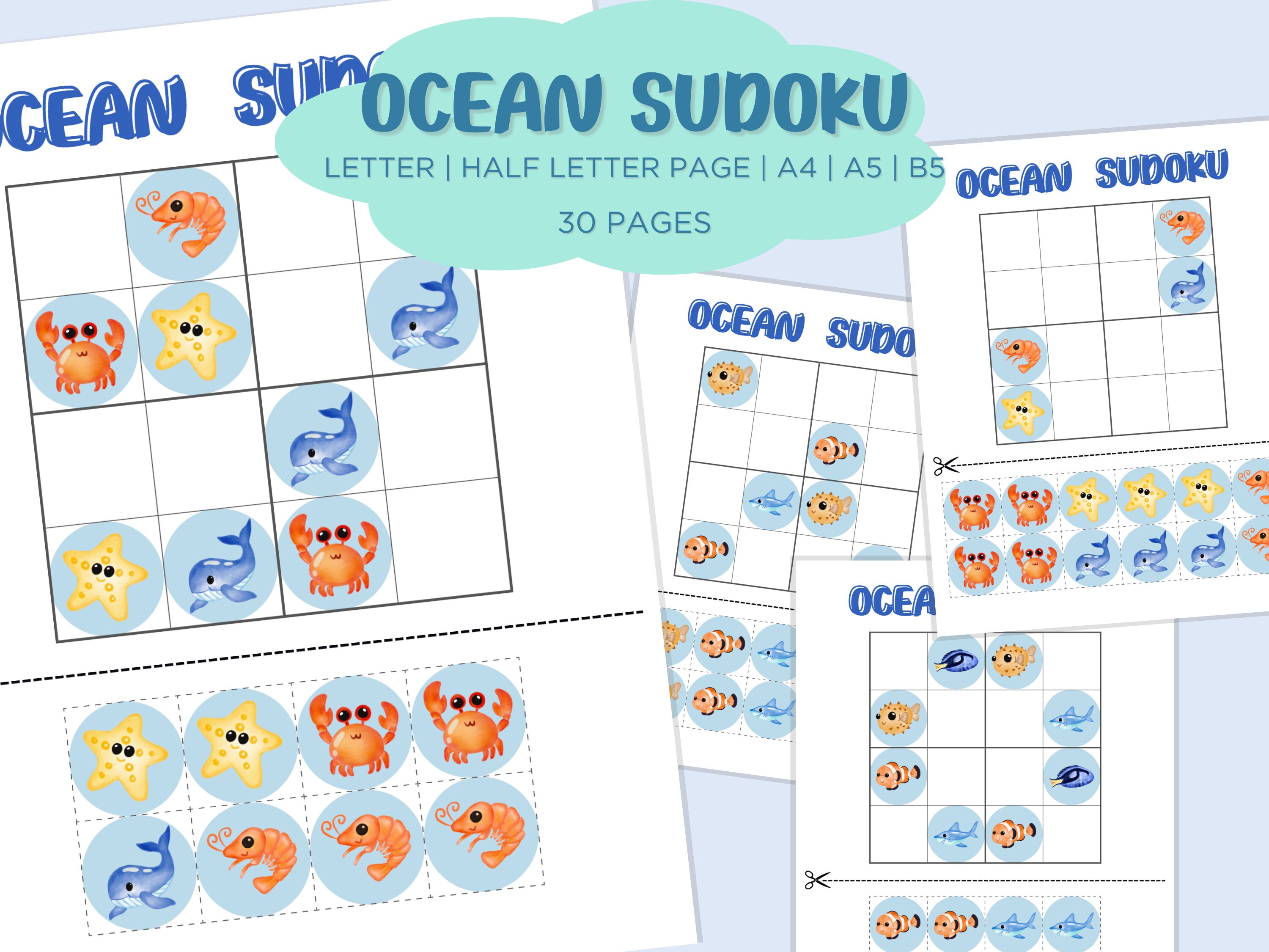 Ocean Animal Sudoku Printable Kids Summer Activity Picture Sudoku for ...