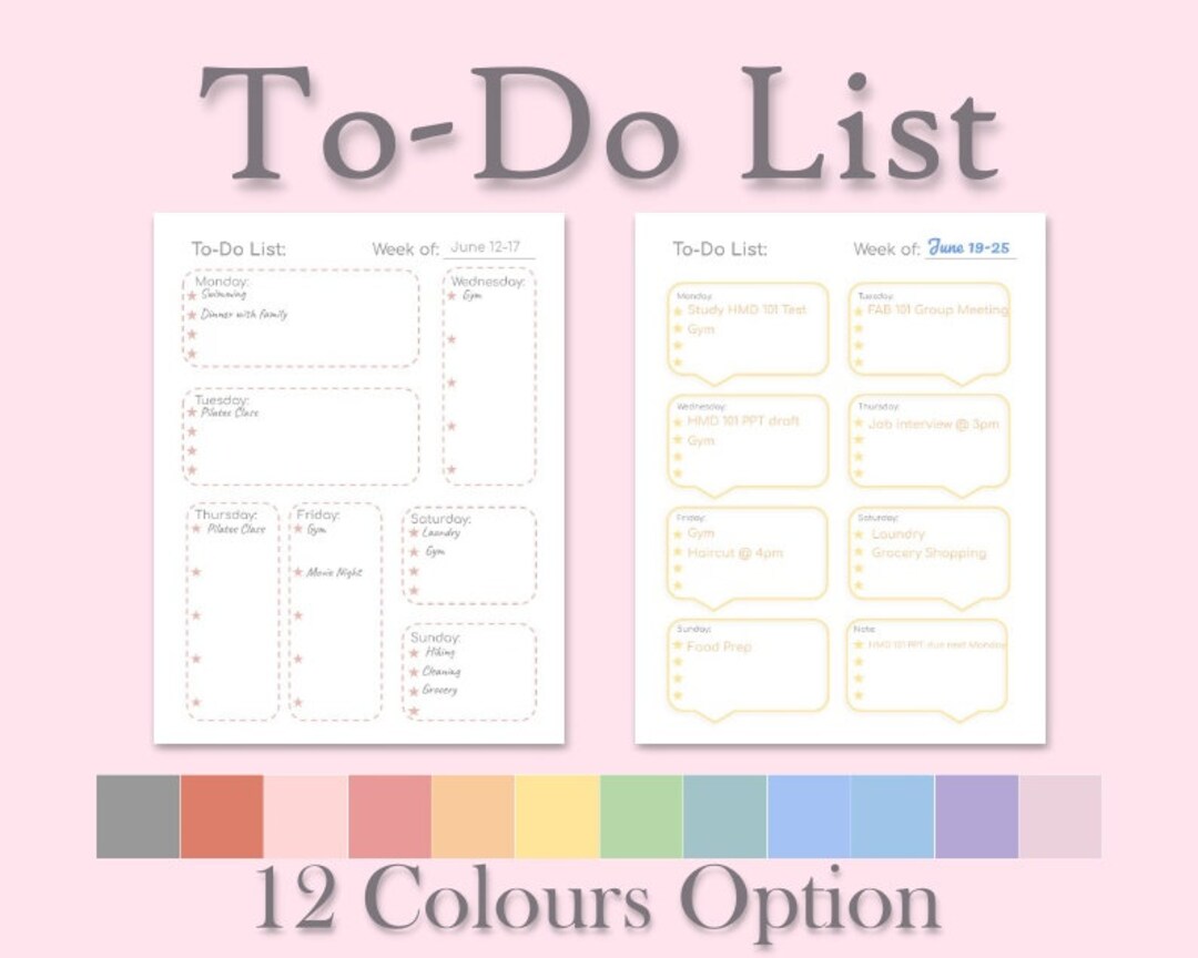 4 Different PDF Printable To-do List 12 Colours Options - Etsy