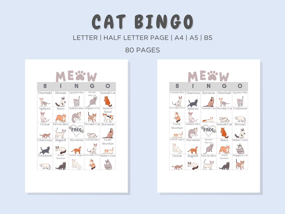 Cat Breed Bingo Cards 80 Pages Printable|a4|a5|letter|half Letter ...