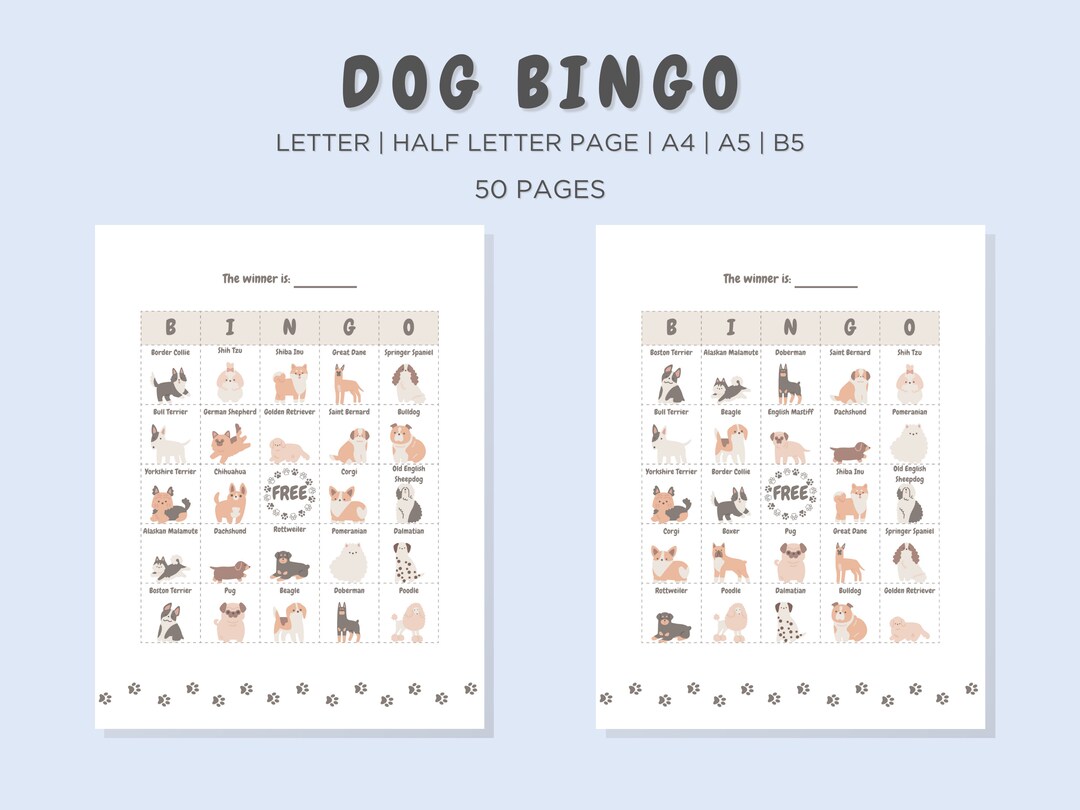 Dog Bingo Cards 50 Pages Printable |a4|a5|letter|half Letter|b5| Puppy ...
