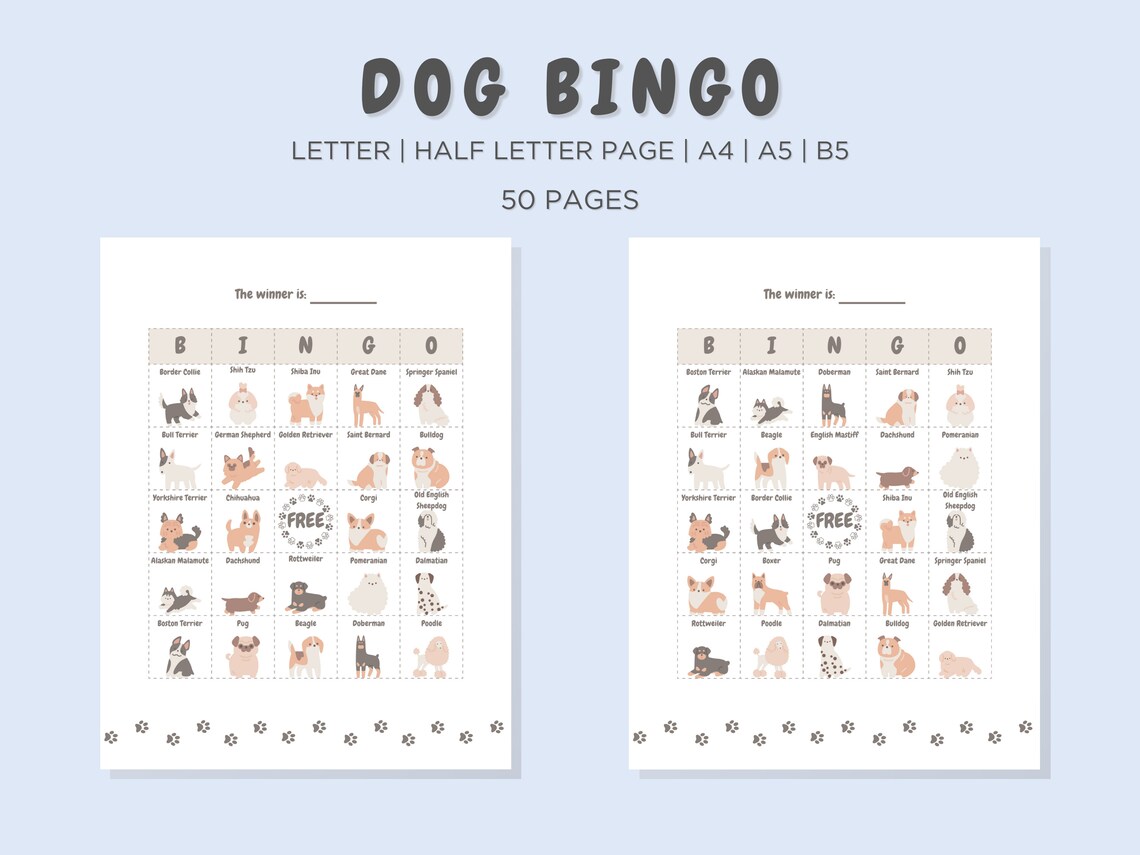 Dog Bingo Cards 50 Pages Printable |a4|a5|letter|half Letter|b5| Puppy ...