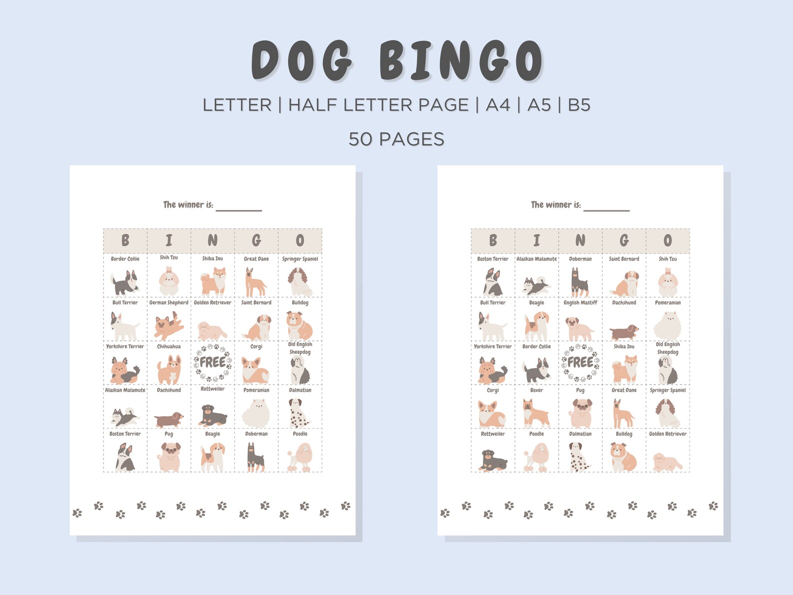 Dog Bingo Cards 50 Pages Printable |a4|a5|letter|half Letter|b5| Puppy ...